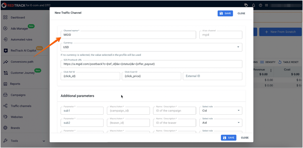 RedTrack Tracker Integration in MGID Ads
